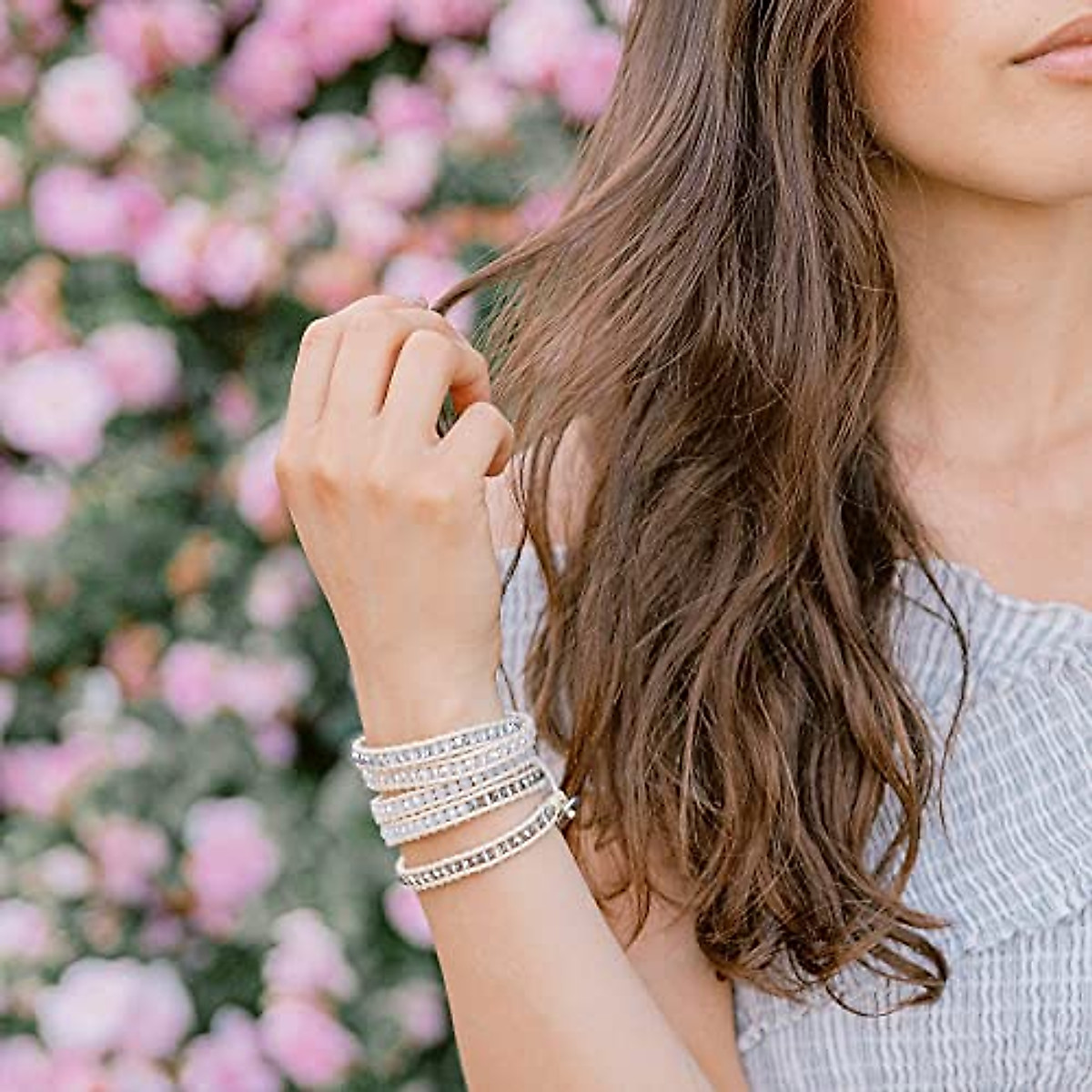 KELITCH Women Gray Clear Crystal Bracelets Beaded 5 Wrap Bracelet Handmade Love White Leather Strand Bracelets New