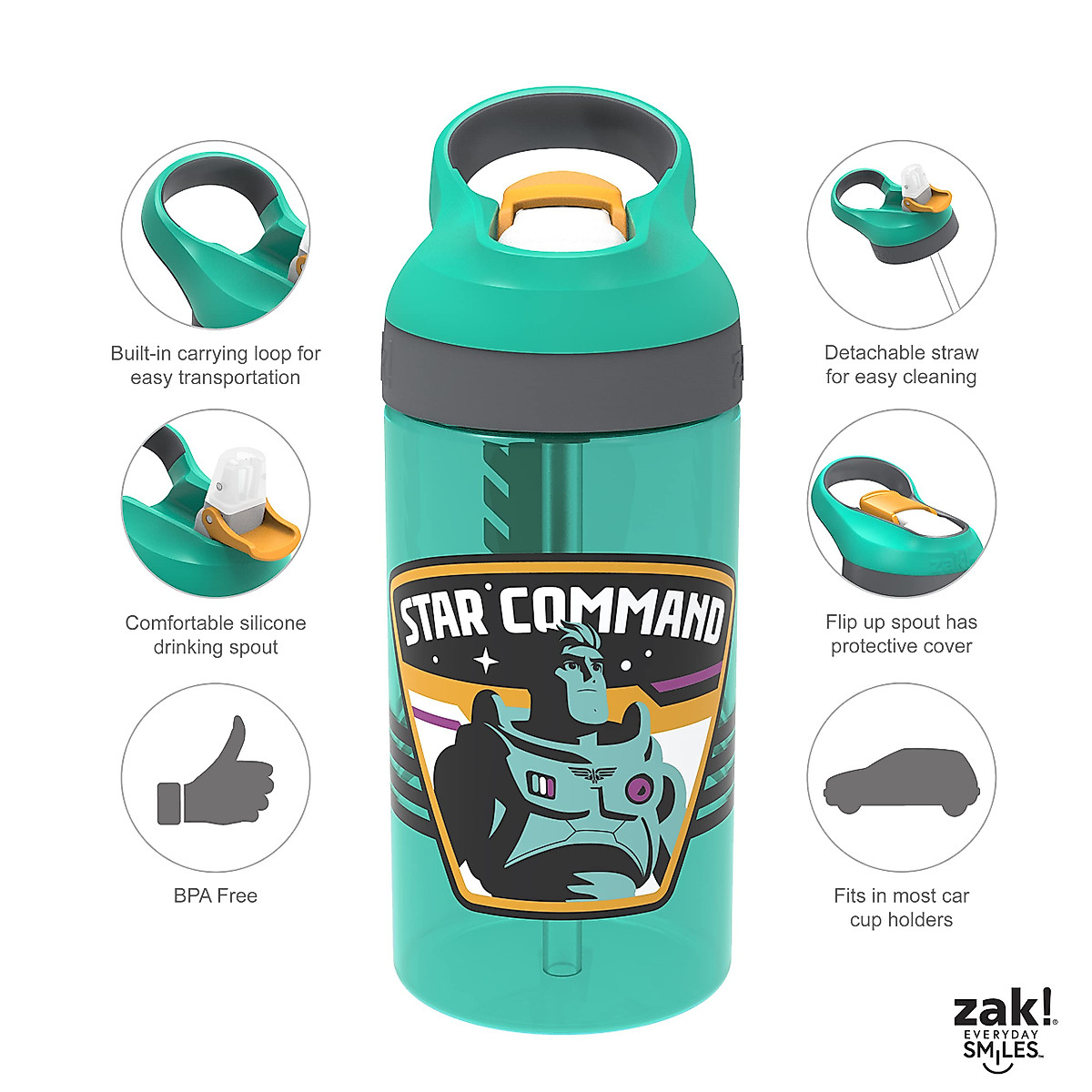 zak! Disney and Pixar Lightyear - 5-Piece Dinnerware Set - Durable Plastic & Stainless Steel - Includes Water Bottle, 8-Inch Plate, 6-Inch Bowl, Fork & Spoon - Suitable for Kids Ages 3+