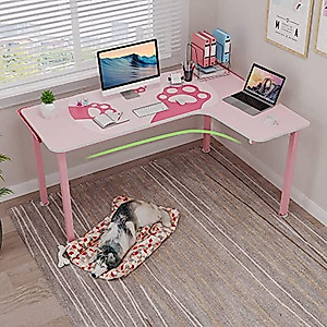 It's_Organized 61 Inch L Shaped Gaming Desk,Space-Saving Corner Desk with Cat Paw Mousepad,Modern PC Computer Study Writing Table for Girl,Easy to Assemble,Pink