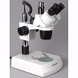 AmScope SW-2T24X Trinocular Stereo Microscope, WH10x Eyepieces, 10X/20X/40X Magnification, 2X/4X Objective, Upper and Lower Halogen Lighting, Pillar Stand, 110V-120V, Includes 0.5x Barlow Lens