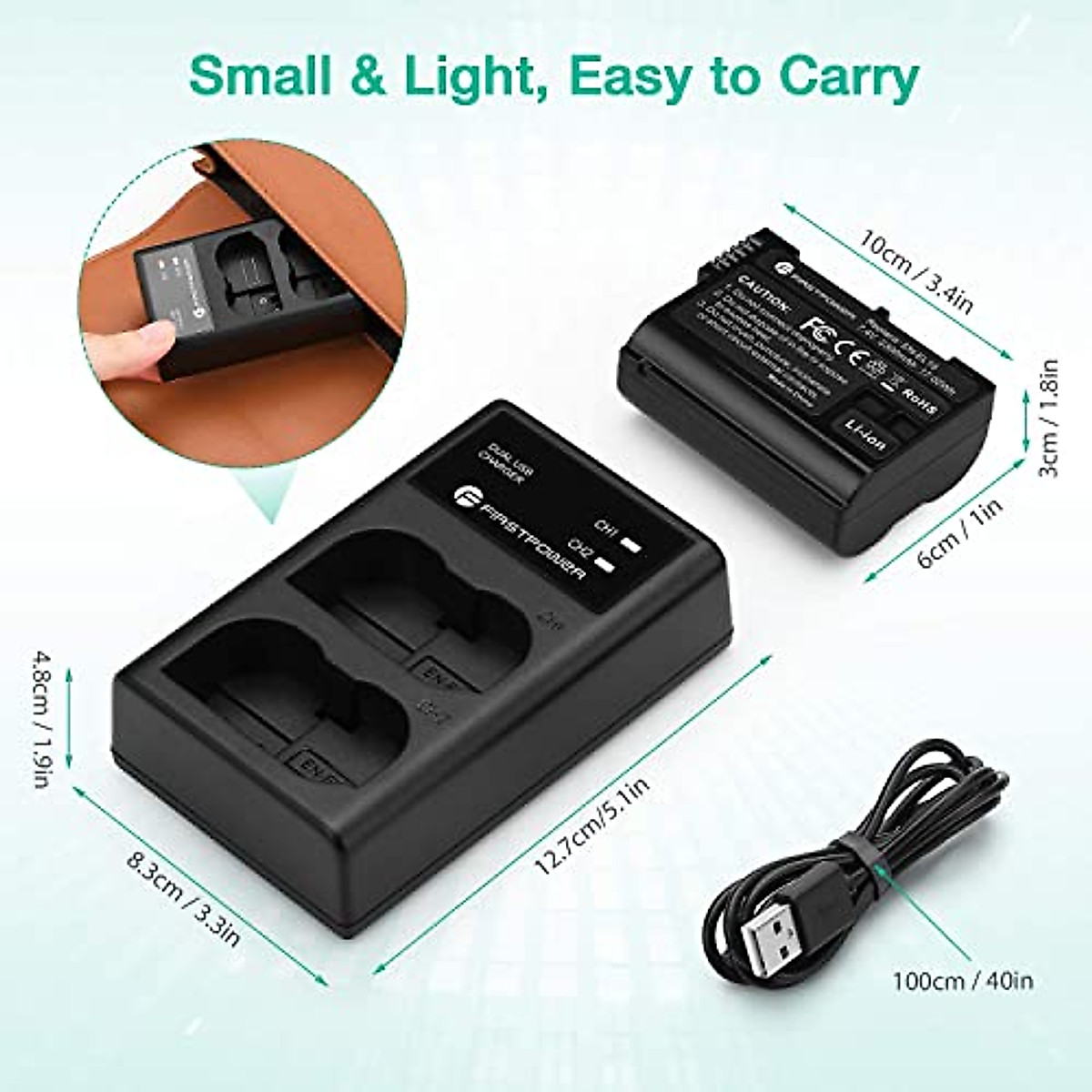 FirstPower EN-EL15 /EL15a/EL15b/EL15c Batteries 2-Pack and USB Dual Charger Compatible with Nikon Z6 Z7 D750 D850 D7000 D7100 D7200 D7500 D500 D600 D610 D780 D800 D800e D810 D810a Cameras