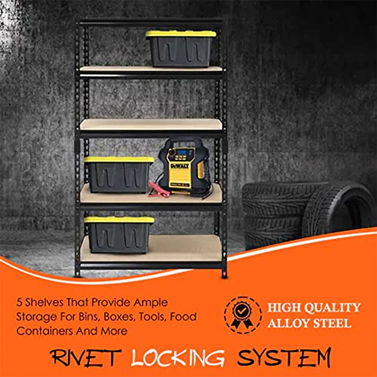 Juggernaut Storage 48" W x 24" D x 72" H Five-Shelf Steel Shelving Unit, 4000 lb Capacity, Black (SS4824-5BLK)