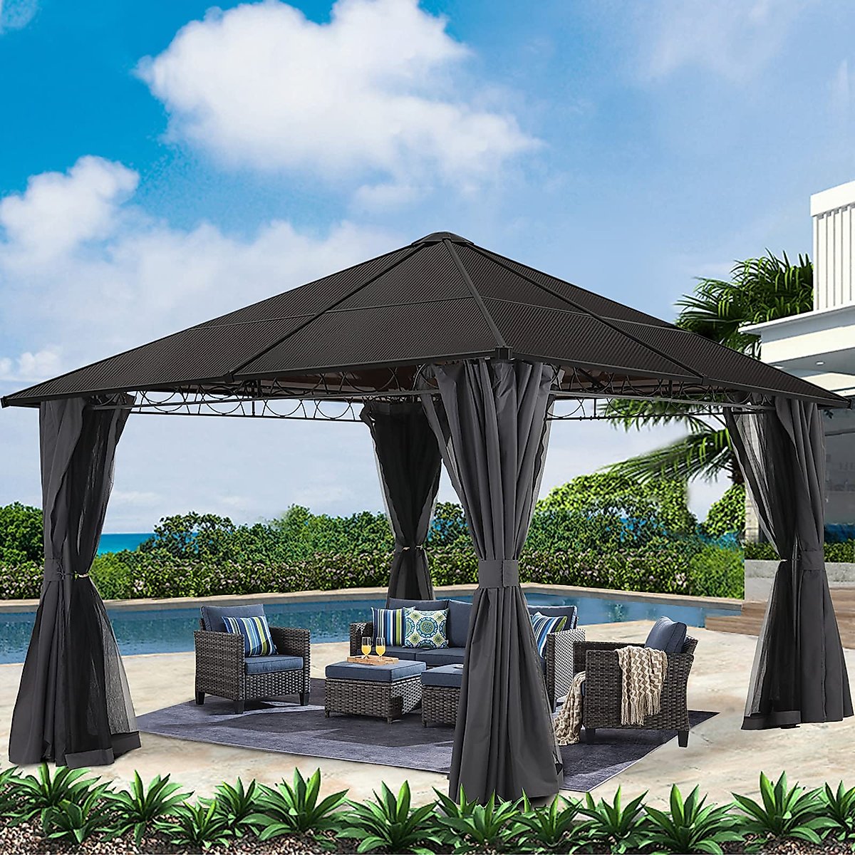 Hardtop Patio Gazebo with Curtains and Netting by ABCCANOPY