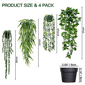 Sggvecsy Fake Hanging Plants 4 Pack Artificial Hanging Plants Fake Potted Greenery Faux Eucalyptus Vine String of Pearls Boston Fern Ivy Vine Leaves for Home Indoor Outdoor Shelf Wall Garden Decor