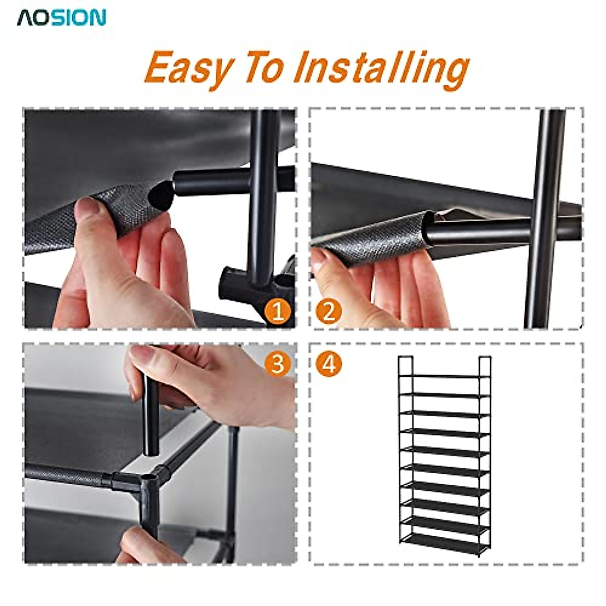 AOSION 10 Tier Shoe Rack,Shoe Rack for Closet,30-50 Pairs Tall Shoe Rack Organizer with Hooks,Large Shoe Rack with Removable,Space Saving Shoe Shelf,Non-Woven Fabric Shoe Tower,Black