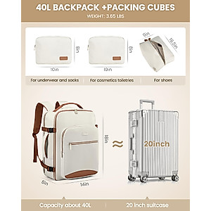 LOVEVOOK Travel Backpack for Women Men as Personal Item Flight Approved, 40L Luggage Carry On Backpack,17.3inch Large Daypack Laptop Backpack Waterproof Outdoor Sports with 3 Packing Cubes,Beige-Brown