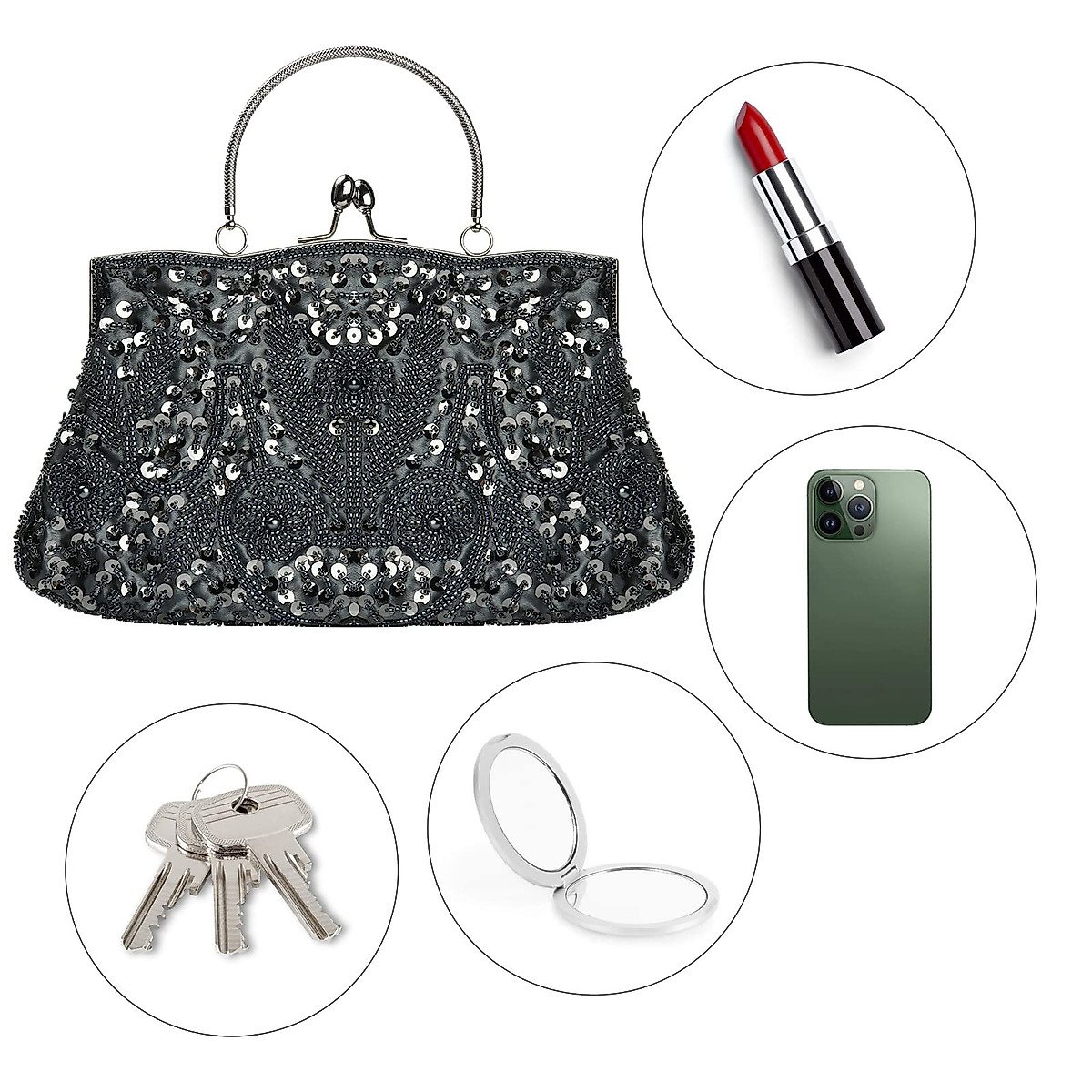 jessie Women's Evening Bag Party Wedding Bag Vintage Beaded Clutch Bag for Women Cocktail Party Handbags (Gray mechanical plate)