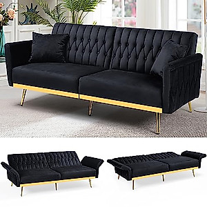 ACMEASE 70” Velvet Futon Sofa Bed with 2 Pillows and Adjustable Armrests, Convertible Sleeper Bed, Modern Loveseat for Living Room, Bedroom, Black