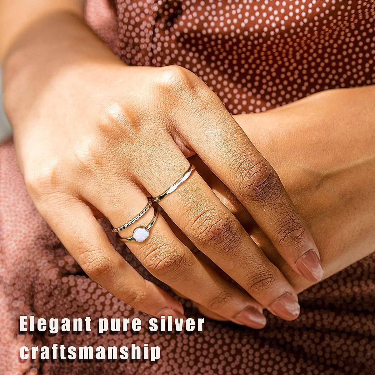 MILACOLATO S925 Sterling Silver Stackable Rings Set for Women Men 18K White Gold Plated Opal Hammered Twisted Thumb Rings High Polished Pinky Knuckle Finger Rings Wedding Band Rings Comfort Fit Size 8