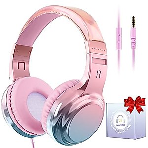 QearFun Headphones for Girls Kids for School,Cool Kids Wired Headphones with Microphone&3.5mm Jack,Teens Noise Cancelling Headphone with Adjustable Headband for Tablet/Smartphones-Gradient Pink