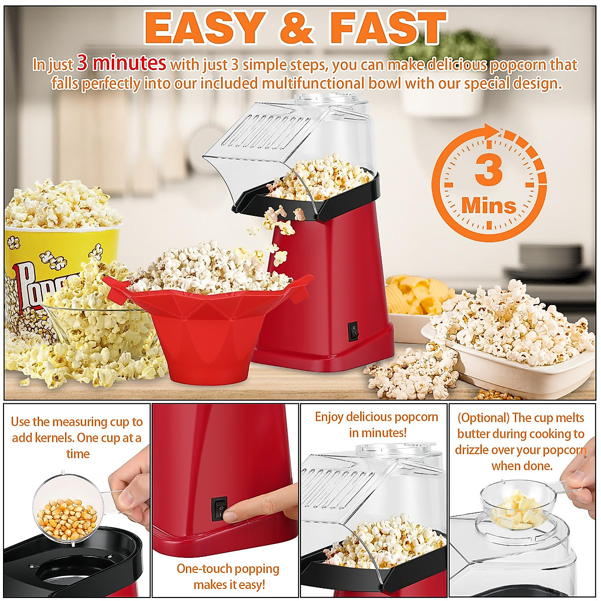 ATSENT Hot Air Popcorn Popper Maker with Popcorn Bowl, Fast Popcorn Machine in Minutes with Measuring Cup and Butter Melting Tray for Party Kids,16 Cups, Red