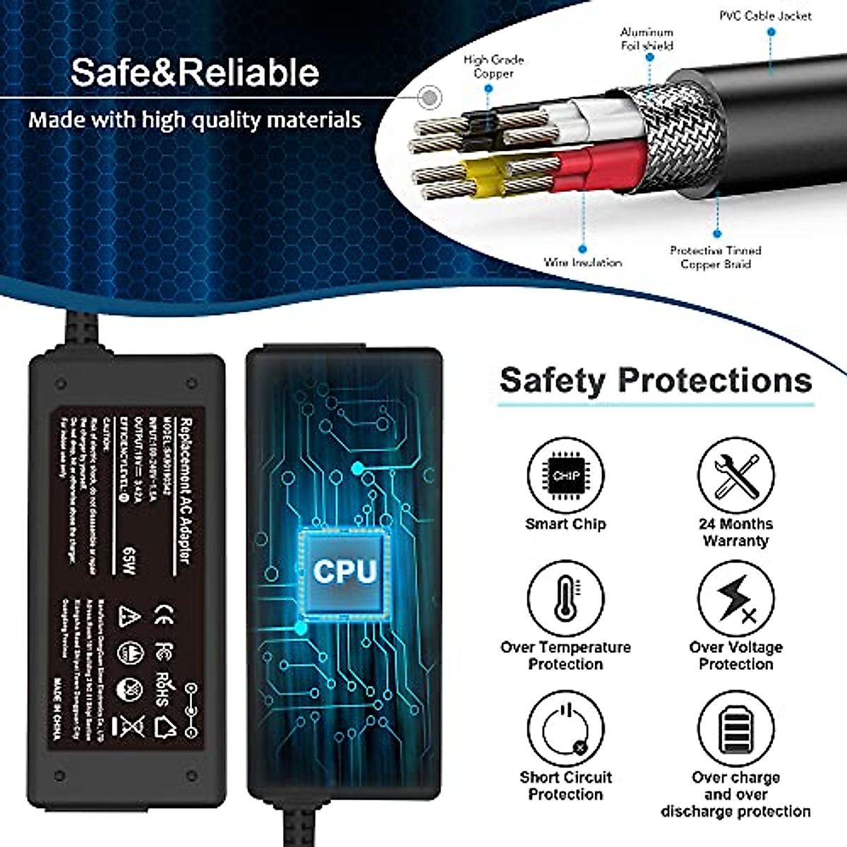 65W AC Power Adapter Charger for Acer Chromebook 11 13 14 15 R11 CB3-131-C3SZ CB3-431 CB3-532 CB5 CB5-132T C730E-C4BA C720 C720P C740 Aspire One AO1-131-C7DW C9PM A13-045N2A N15Q9 N15Q8 N16P1