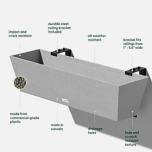 Veradek Pure Series Railing Planter - Plastic Hanging Planter for Outdoor Balcony/Fence | Durable All-Weather Use with Adjustable Brackets | Modern Décor for Flowers, Succulents, Hanging Plants