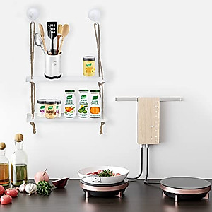 JUNNAN CAIHONG Hanging Shelves for Wall, 2 Tier Floating Shelves Wood Wall Shelves, Wall Mounted Rope Shelves for Storage and Display in Bedroom Living Room Bathroom Kitchen Office and More