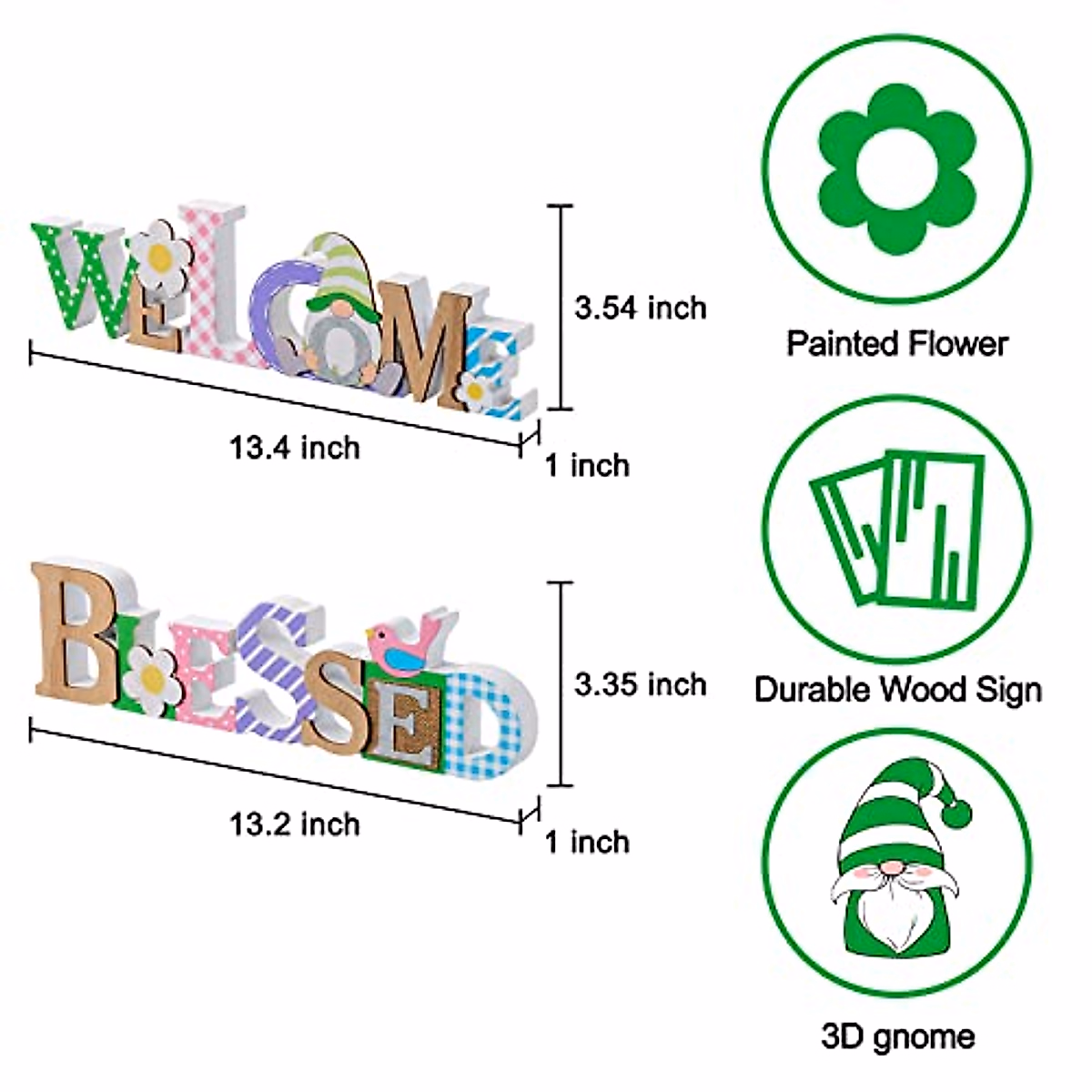 hogardeck Spring Decorations for Home, 2 Pcs WELCOME BLESSED Wood Sign Spring Decor, Rustic Gnome Flower Bird Wooden Block Set Table Centerpiece Farmhouse Ornaments for Mantle Tabletop Tiered Tray Home Decor
