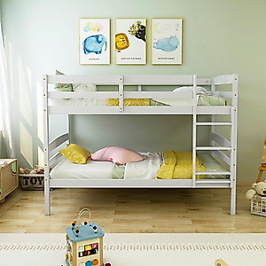 Giantex Bunk Bed Twin Over Twin, Solid Wood Detachable Bed Frame with High Guardrails & Integrated Ladder, Wooden Slatted Bunk Bed for Kids & Teens, No Box Spring Needed, White