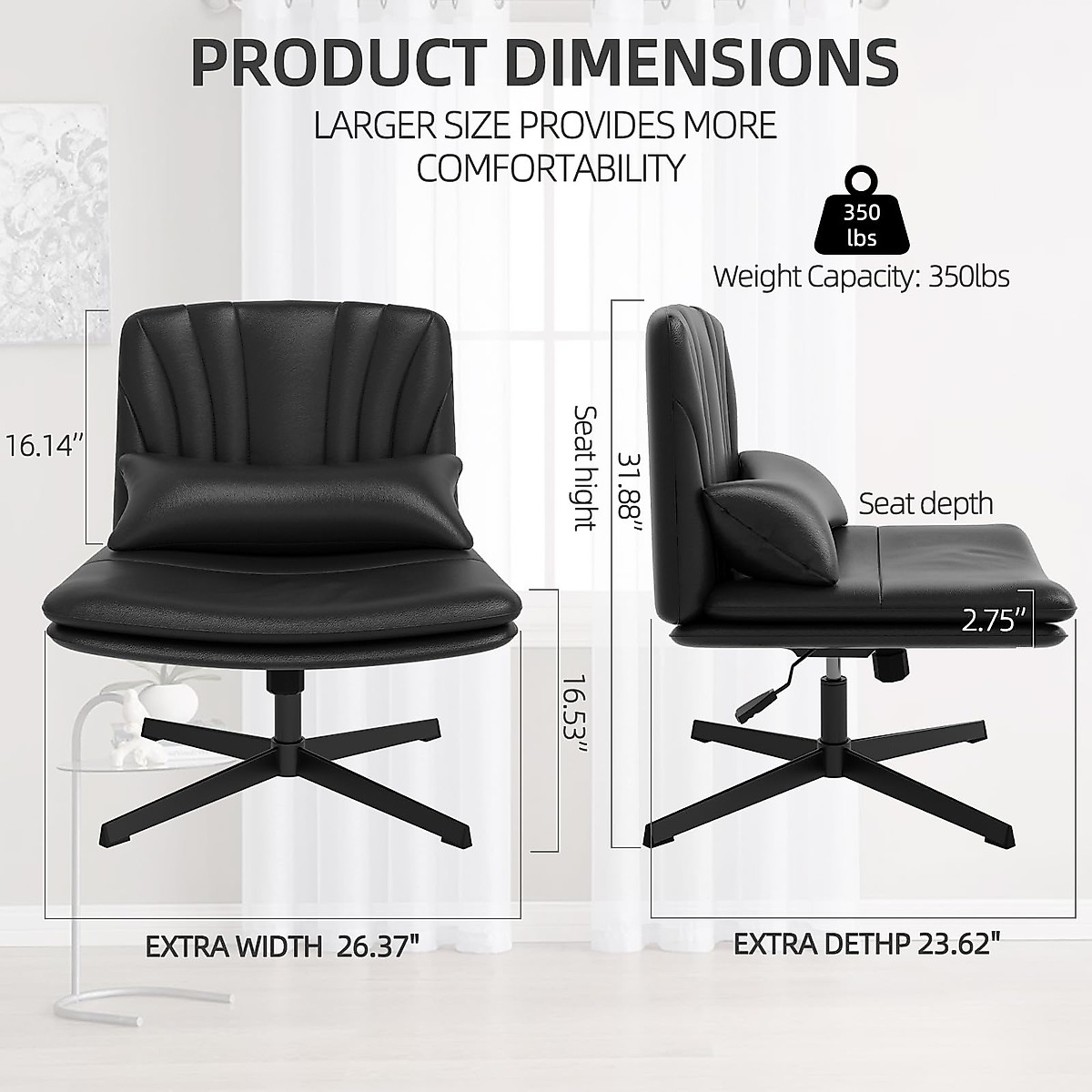 HONIFUR Extra Wide Seat Criss Cross Legged Office Chair with Lumbar Support, Comfy Armless Office Desk Chair No Wheels, Adjustable Swivel Computer Task Chairs for Vanity,Home,Office,Bedroom - Black