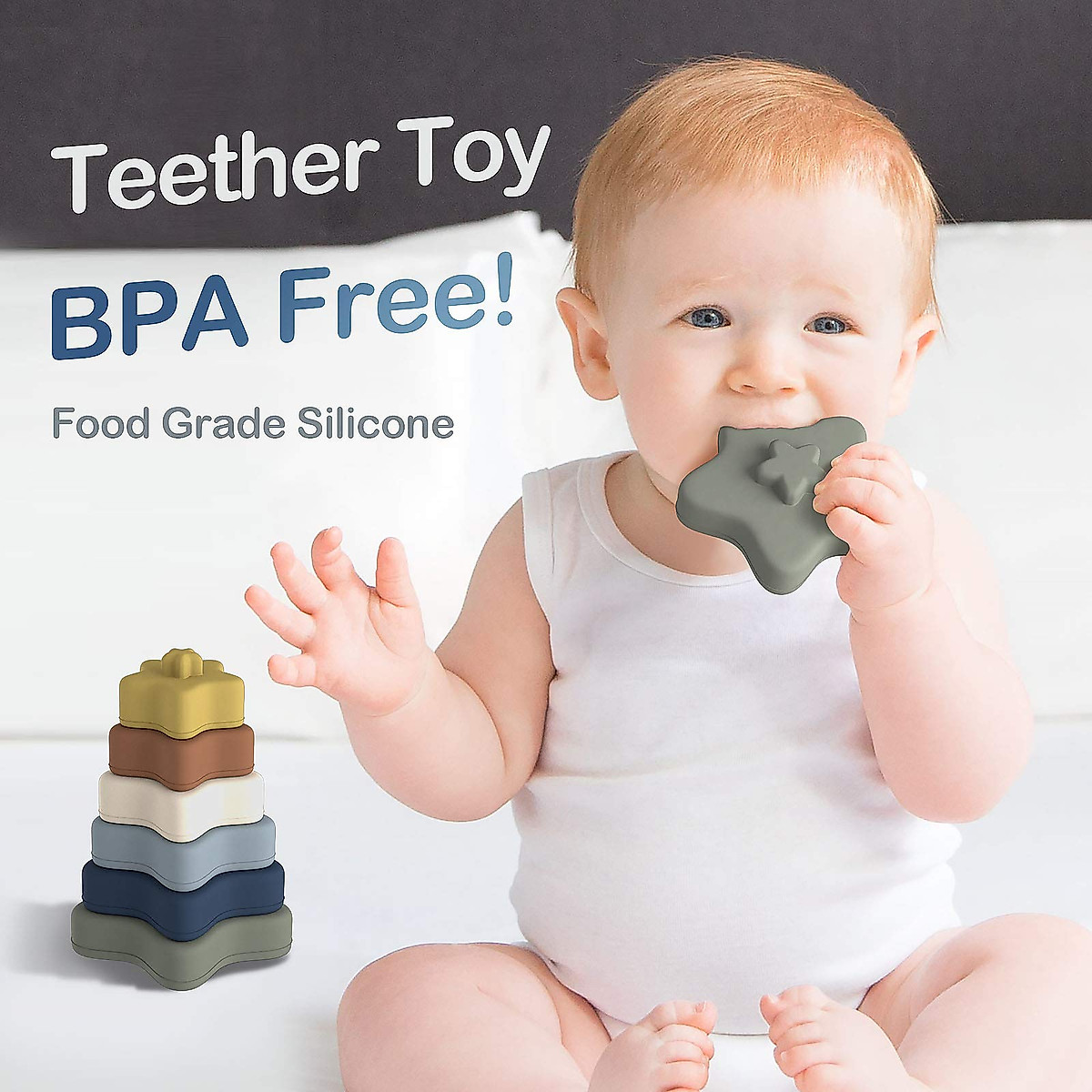 TYRY.HU Baby Stacking Toys - Silicone Rings - Teething Teether Toys - Building Blocks Tower for Boys Girls 6+ Months Early Educational Learning, Set of 6 PCS, Star Shape