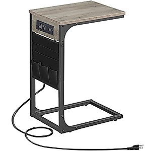 Slim End Table with Charging Station, Side Table with 2 USB Ports and Outlets, C-Shaped Snack Table with Cloth Bag, TV Tray Table, Couch Table TB01BG024