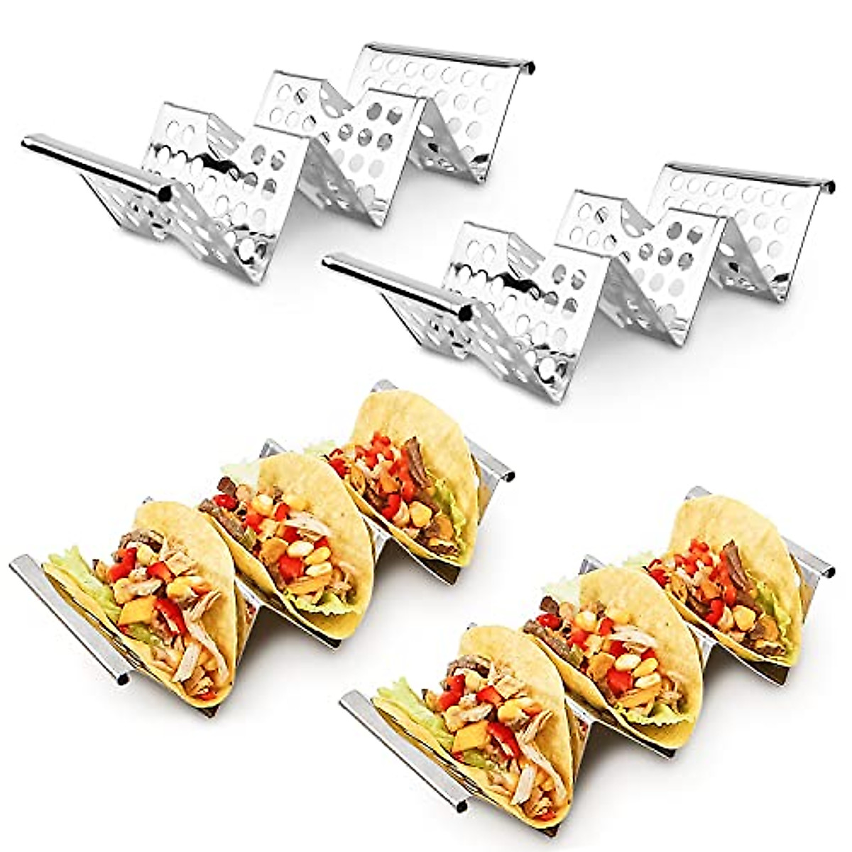 ORIGENUIN Set of 4 Premium Stainless Steel Taco Holder Racks | Taco Holder Plate Shell Stands, Stylish Taco Tray Easy Filling & Serving | Grill-Oven, Dishwasher Safe