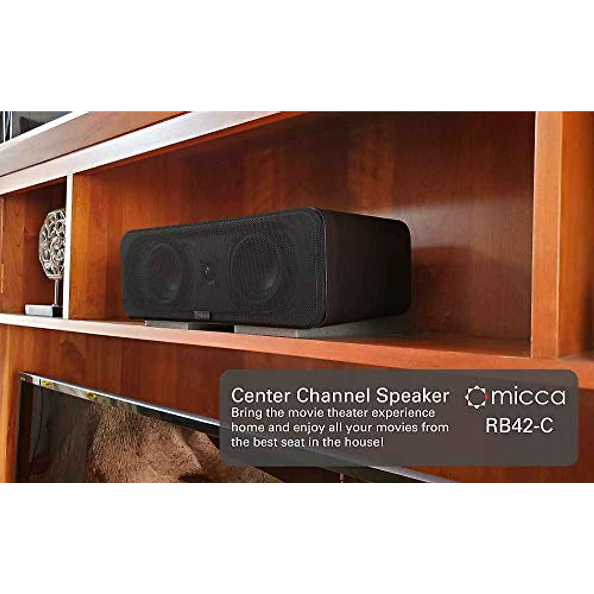 Micca RB42-C Premium Center Channel Bookshelf Speaker with Dual 4-Inch Woofers and Silk Tweeter, Clearer Dialogue for Home Theater Surround Sound Systems, Single, Dark Walnut
