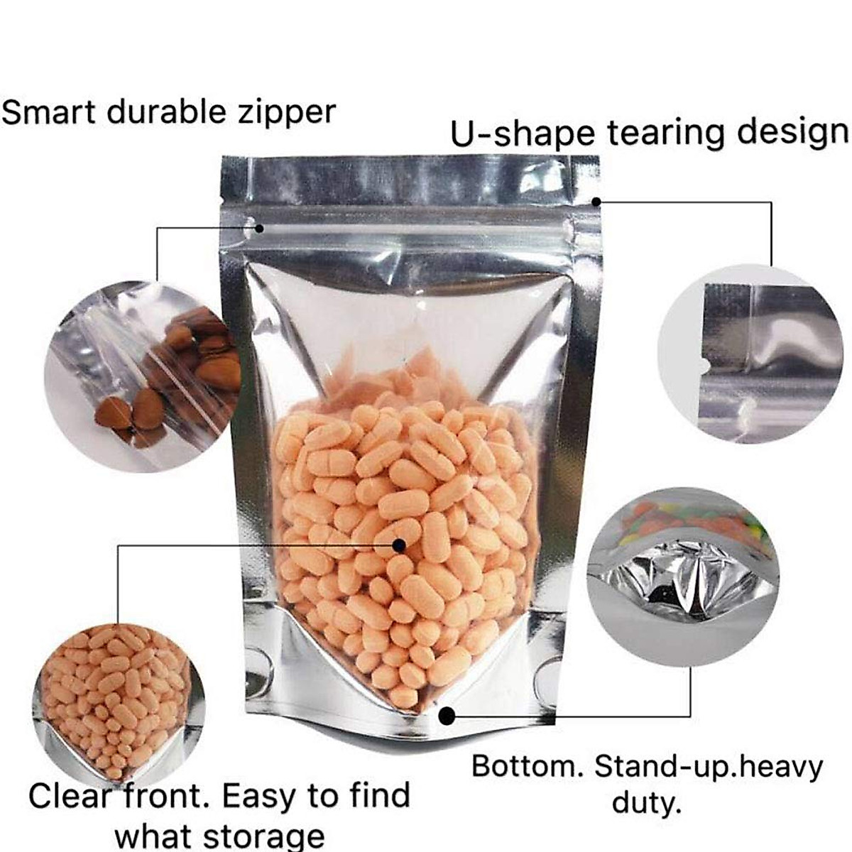 100PCS Resealable Smell Proof Bags with Clear Front Window, Zip Lock Stand Up Aluminum Foil Bags Mylar Food Storage Bags Pouch for Dry Food, Snack, Jewelry, Electronics（8x12+4inch）