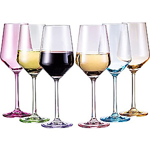 Colored Crystal Wine Glass Set of 6, Large 12 oz Glasses, Valentines Day Unique Italian Style Tall Stemmed Drinkware for Red & White Wine, Water Dinner Glasses, Color Beautiful Glassware - (Stemmed)