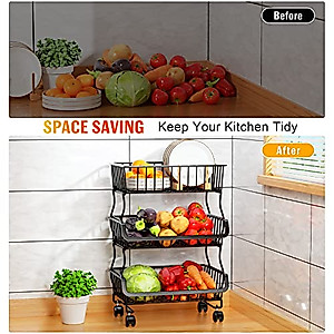Fruit Vegetable Basket for Kitchen, 5 Tier Stackable Metal Wire Storage Basket Organizer Baskets with Rolling Wheels, Utility Rack for Kitchen, Pantry, Bathroom