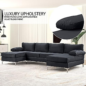 Casa Andrea Milano Modern Large Velvet Fabric U-Shape Sectional Sofa, Double Extra Wide Chaise Lounge Couch