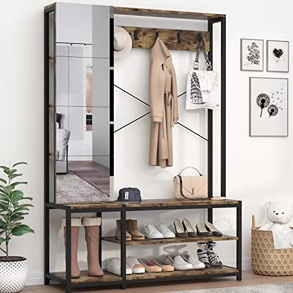 PAKASEPT Hall Tree with Mirror, Freestanding Closet Organizer, Garment Rack with Mirror, Heavy Duty Garment Rack Hanging Clothing Wardrobe Storage Closet for Bedroom