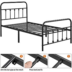 Topeakmart Twin Size Victorian Style Metal Bed Frame with Headboard/Mattress Foundation/No Box Spring Needed/Under Bed Storage/Strong Slat Support Black