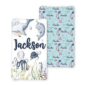 Personalized Ocean Theme Changing Pad Cover - 2 Piece Baby Waterproof Pee Pad Covers Nursery Bedding with Name, Diaper Changing Pad Gifts for (3-36Months) Toddler Infant Boys Girls(16" x 32")