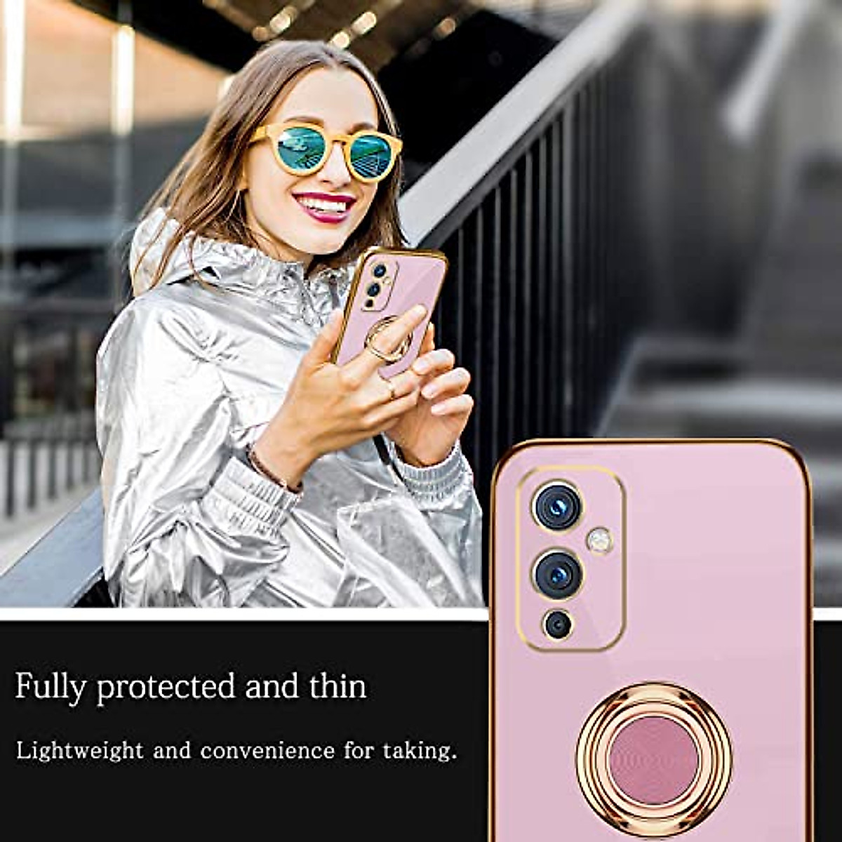 Jancyu Compatible with Oneplus 9Case（Not for Oneplus 9 Pro）, Phone Case for Oneplus 9 with Ring Holder, 360 Degrees Protective Silicone Magnetic Car Holder (Purple)