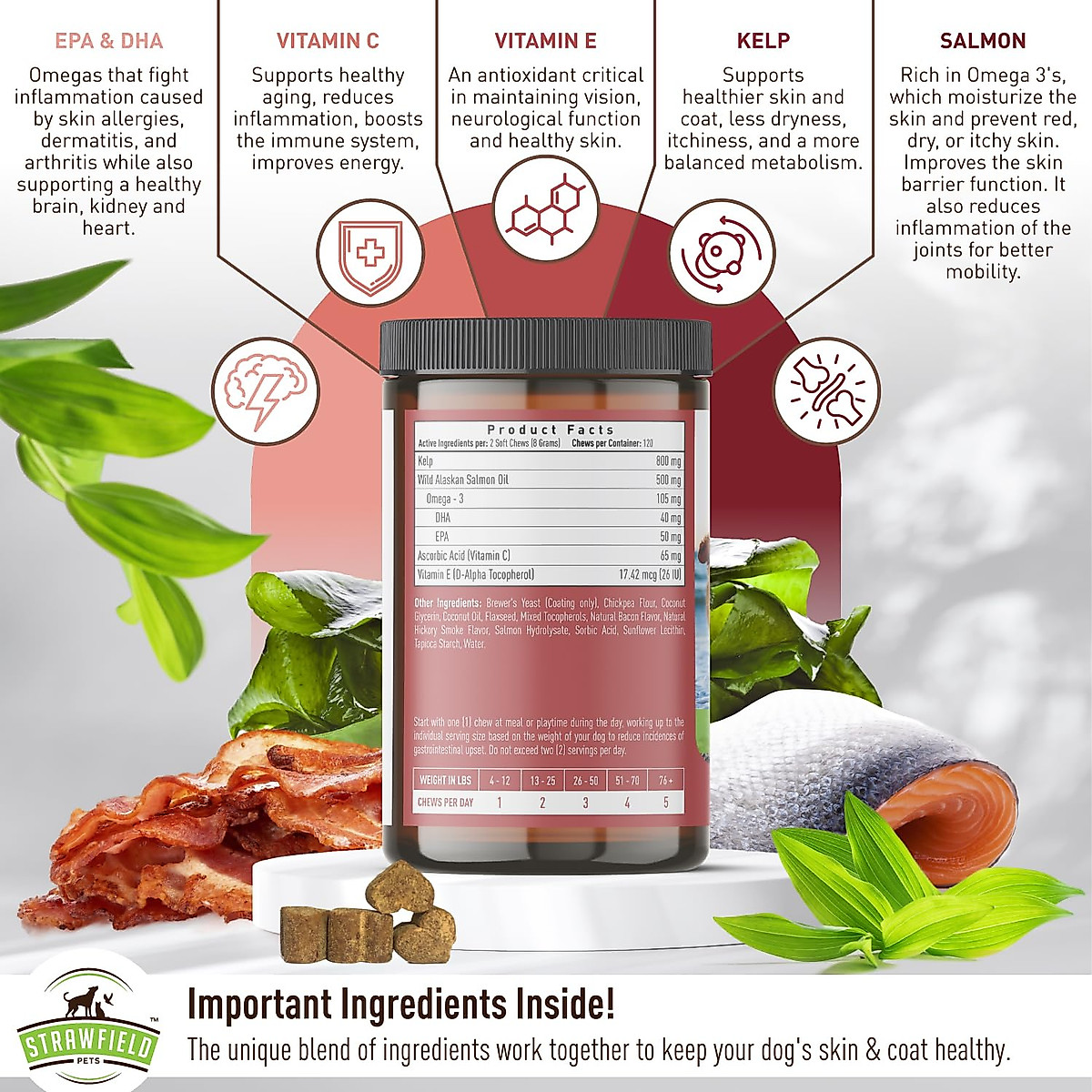 Strawfield Pets Salmon Dog Chews Omega 3 Fish Oil Chews with Wild Alaskan Salmon Oil Skin & Coat + Seasonal Allergy Support Hip & Joint Dog Supplement + EPA & DHA Made in USA