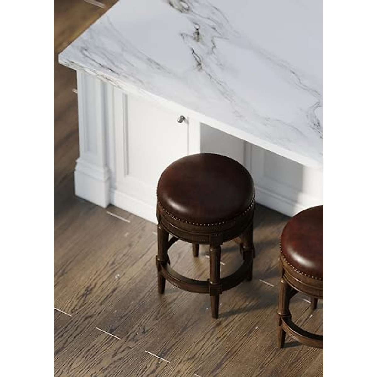 Maven Lane Pullman 26 Inch Tall Counter Height Upholstered Backless Barstool in Dark Walnut Finish with Vintage Brown Vegan Leather Cushion Seat