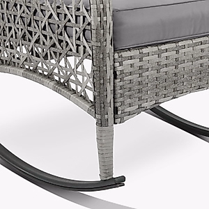 CIRMUBUY 3-Piece Outdoor Furniture Set, Patio Conversation Chair, Wicker Cushioned Patio Rocker with Side Table for Porch, Garden, Poolside & Deck, Light Grey