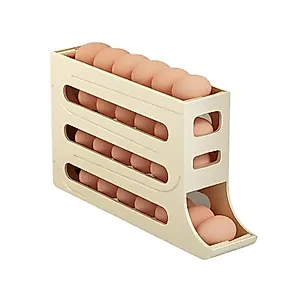 Egg Holder for Fridge - Auto Rolling Fridge Egg Organizer, Space-Saving Egg Dispenser Holder, 30 Eggs, 4 Tiers Fridge Egg Rack Large Capacity Egg Dispenser for Refrigerator (Beige)