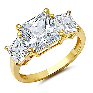 MAX + STONE 4 1/2 Carat Princess Cut Cubic Zirconia Three Stone Ring for Women in 10k Yellow Gold (4.5 ct.tw) Anniversary or Engagement Ring in CZ Size 5