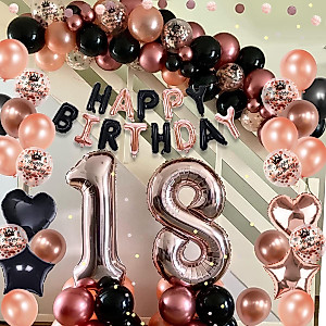 Birthday Decorations Rose Gold Black, ‎KISPATTI 51 Pieces Rose Gold Black Birthday kit with Happy birthday Foil Confetti Balloons, Birthday Party Decorations Supplies for Women Girls 21 30 40 50 70th
