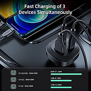 ACEFAST 66W USB C Car Charger Adapter,3 Ports Mini and Nickel Alloy Body,Safe and Low Temperature Fast Charging for iPhone 14 13 12,iPad Pro,PPS,Samsung Galaxy S