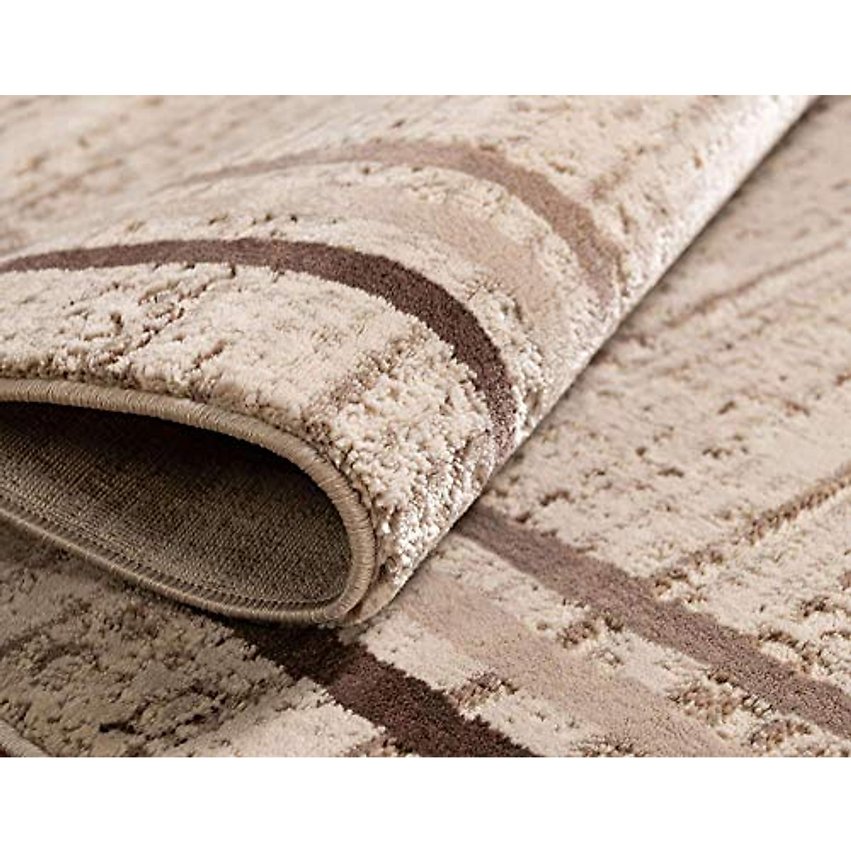 Unique Loom Oasis Collection Modern, High-Low Pile, Border, Stripes, Abstract Area Rug (7' 0 x 7' 0 Round, Brown/Beige)