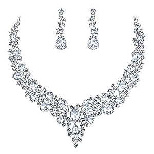 BriLove Wedding Bridal Necklace Earrings Jewelry Set for Women Austrian Crystal Teardrop Cluster Statement Necklace Dangle Earrings Set Clear Silver-Tone