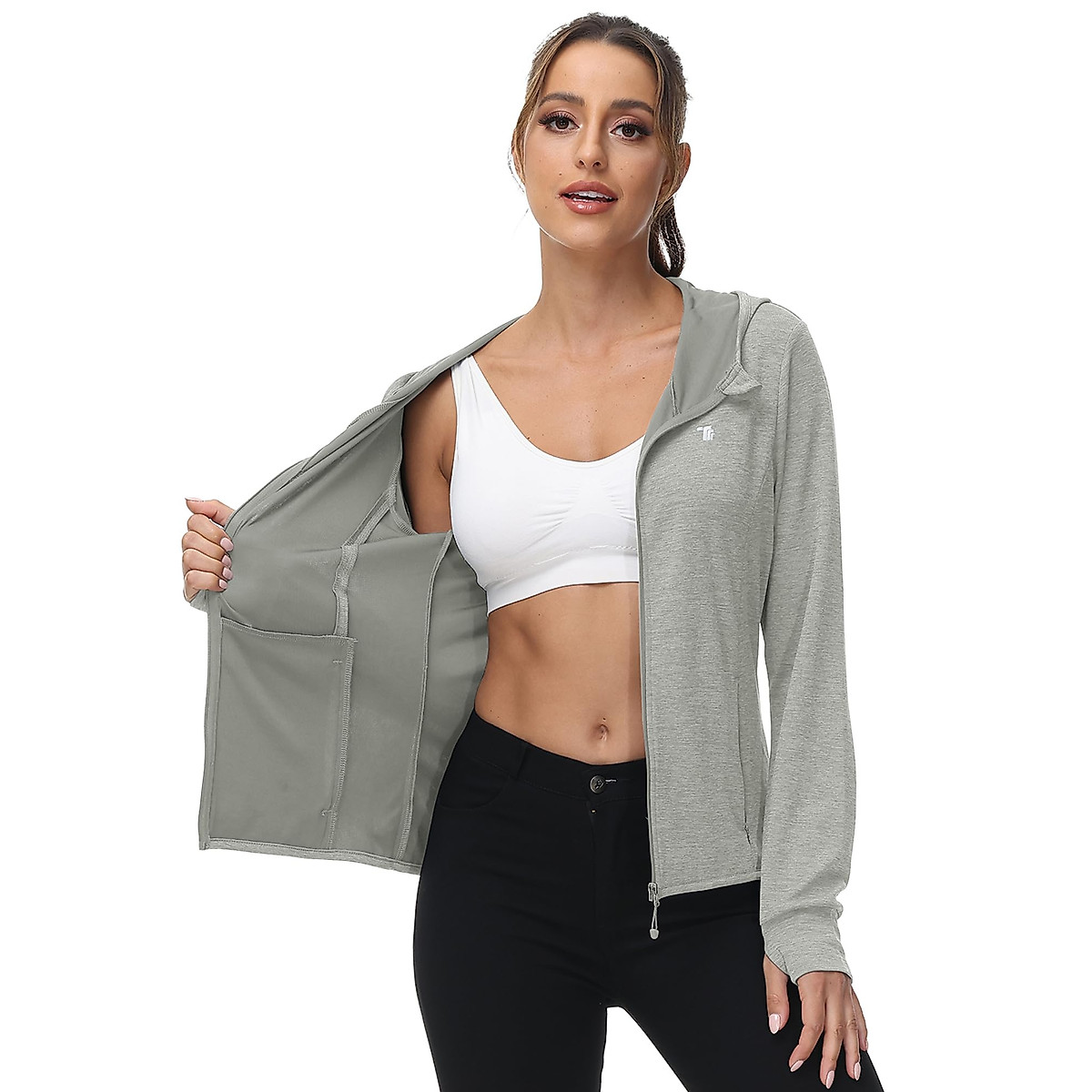 BASUDAM Women's Hiking Shirts Lightweight UPF 50+ Sun Protection Open Zippered Outdoor Hoodie Jackets Silver Gray XL