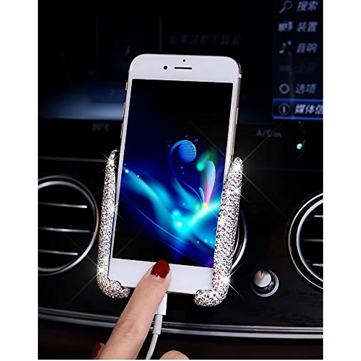 Bestbling Luxury Fashionable Convenient Bling Rhinestone Crystal Car Dash Air Vent Slip-On Adjustable Phone Holder for Easy View GPS Screen (Silver M Holder)