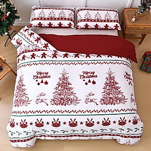 Xruibed Christmas Duvet Cover Set Queen Size 3PCS Xmas Tree Reindeer Pattern Duvet Cover Lightweight Microfiber Bedding Set with Zipper Closure for Adults Teens (Queen,90''x90'')