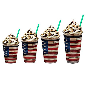 Vintage American Flag Iced Coffee Sleeve, USA Flag Reusable Neoprene Insulated Sleeves Cup Cover Holder for Cold Drinks Beverages 16oz - 18oz