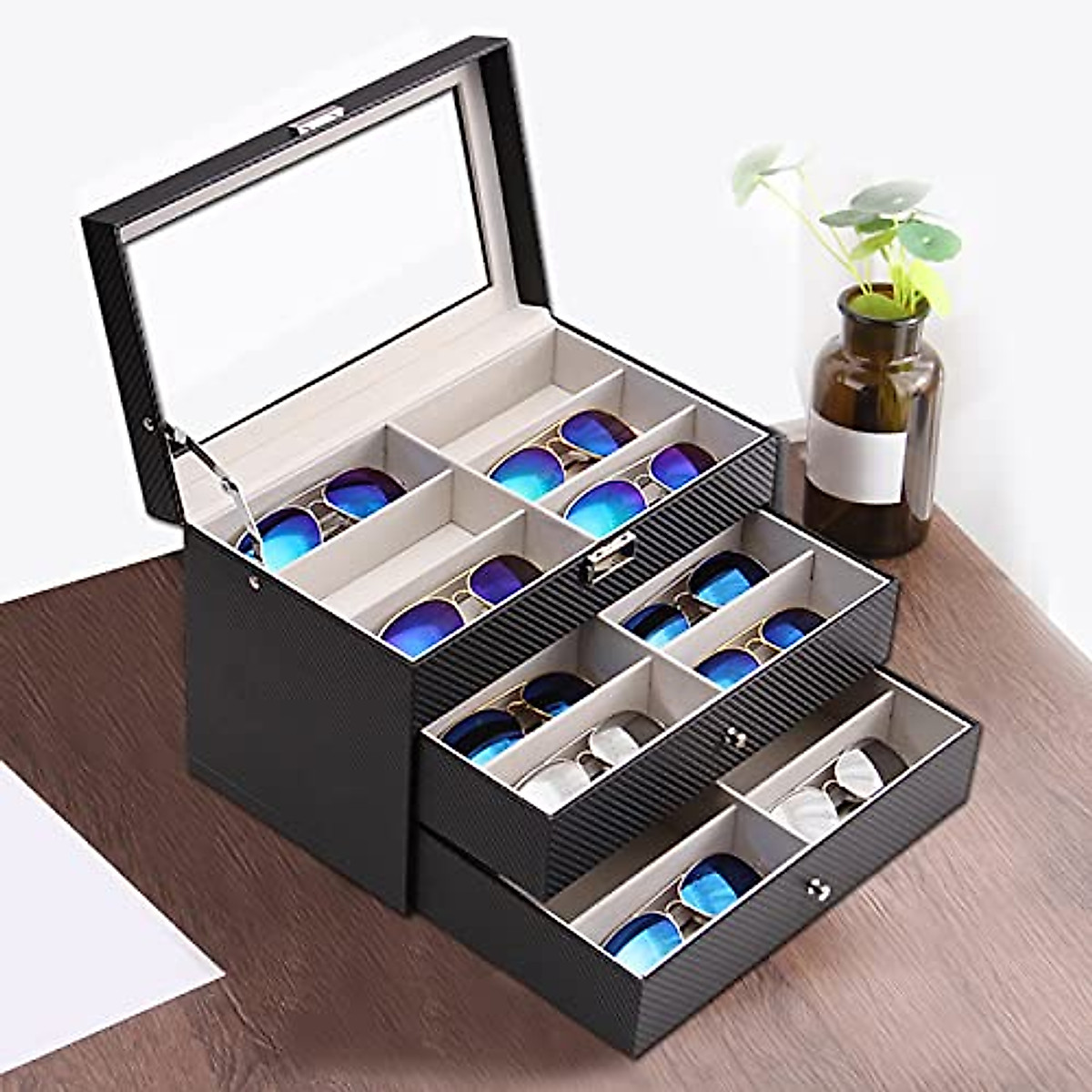 Nicunom 18 Slots Sunglasses Organizer Collector Eyeglasses Sunglass Glasses Storage Box Eyeglasses Eyewear Display Case with Drawer, Lockable, Black
