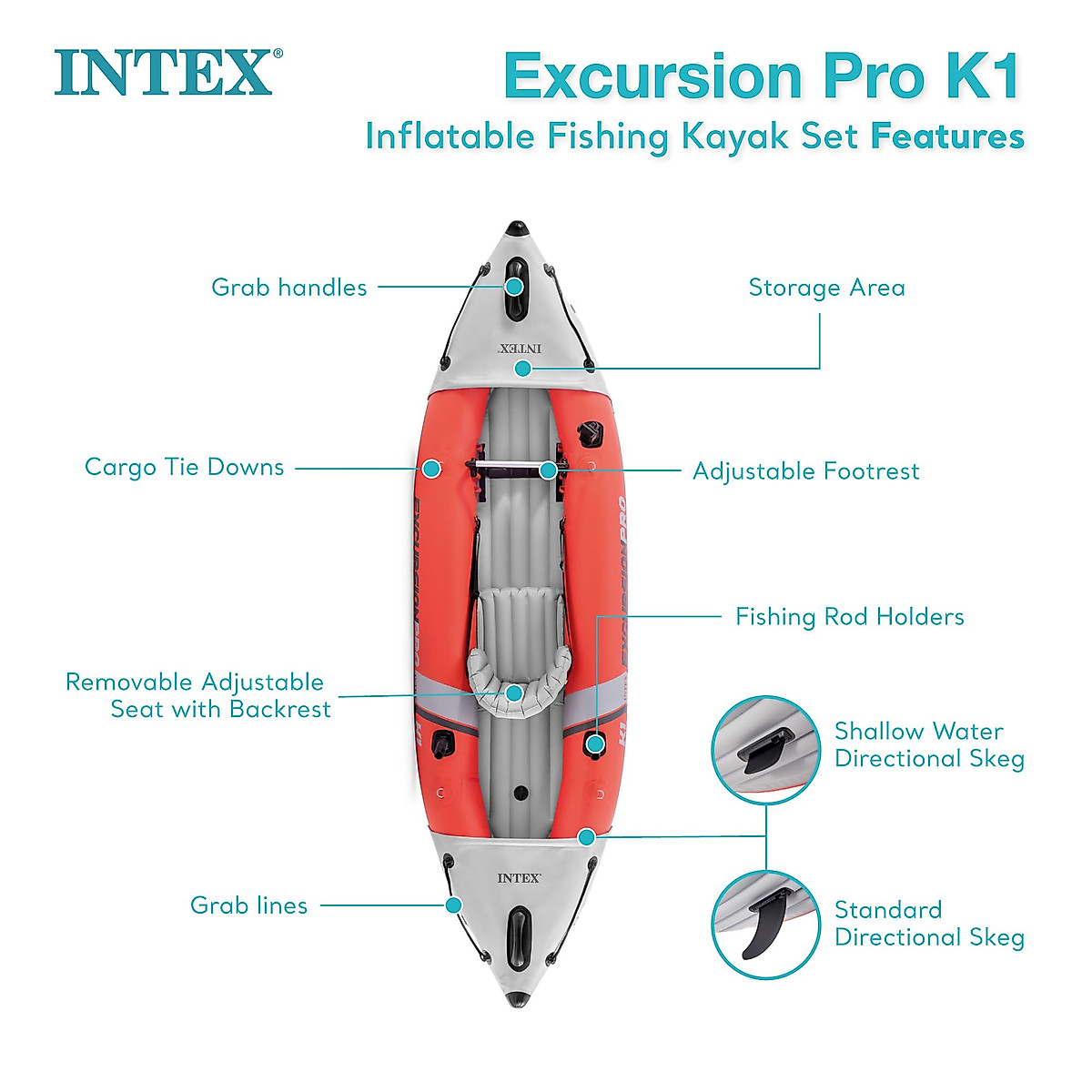 INTEX 68303EP Excursion Pro K1 Inflatable Kayak Set: Includes Deluxe 86in Kayak Paddles and High-Output Pump – SuperTough PVC – Adjustable Bucket Seat – 1-Person – 220lb Weight Capacity