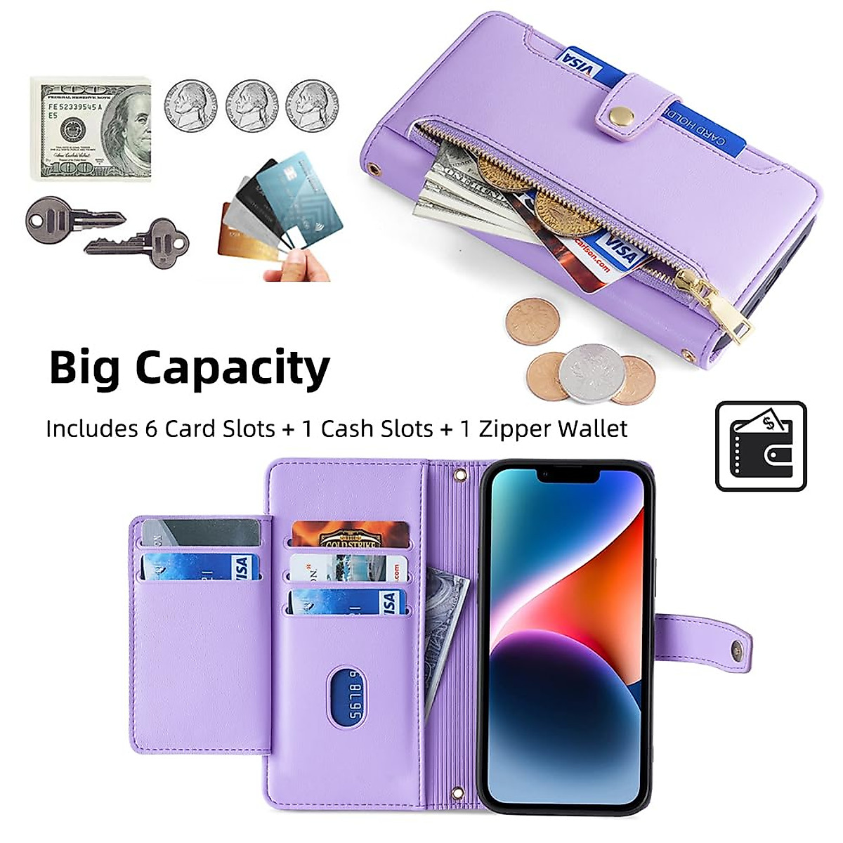 Arseaiy Wallet Case for VIVO V20 Flip Phone Case with Crossbody Strap Magnetic Handbag Zipper Pocket PU Leather Shockproof with Kickstand Phone Shell Purple