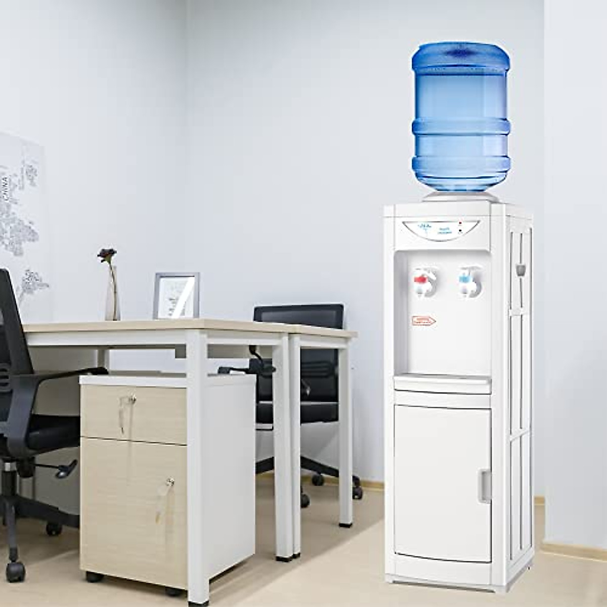 RICA-J Water Dispenser, 5 Gallon Top Loading Water Cooler, Plastic Water Cooler Dispenser with Child Safety Lock & Cabinet, White (RJVWD02AEWT)